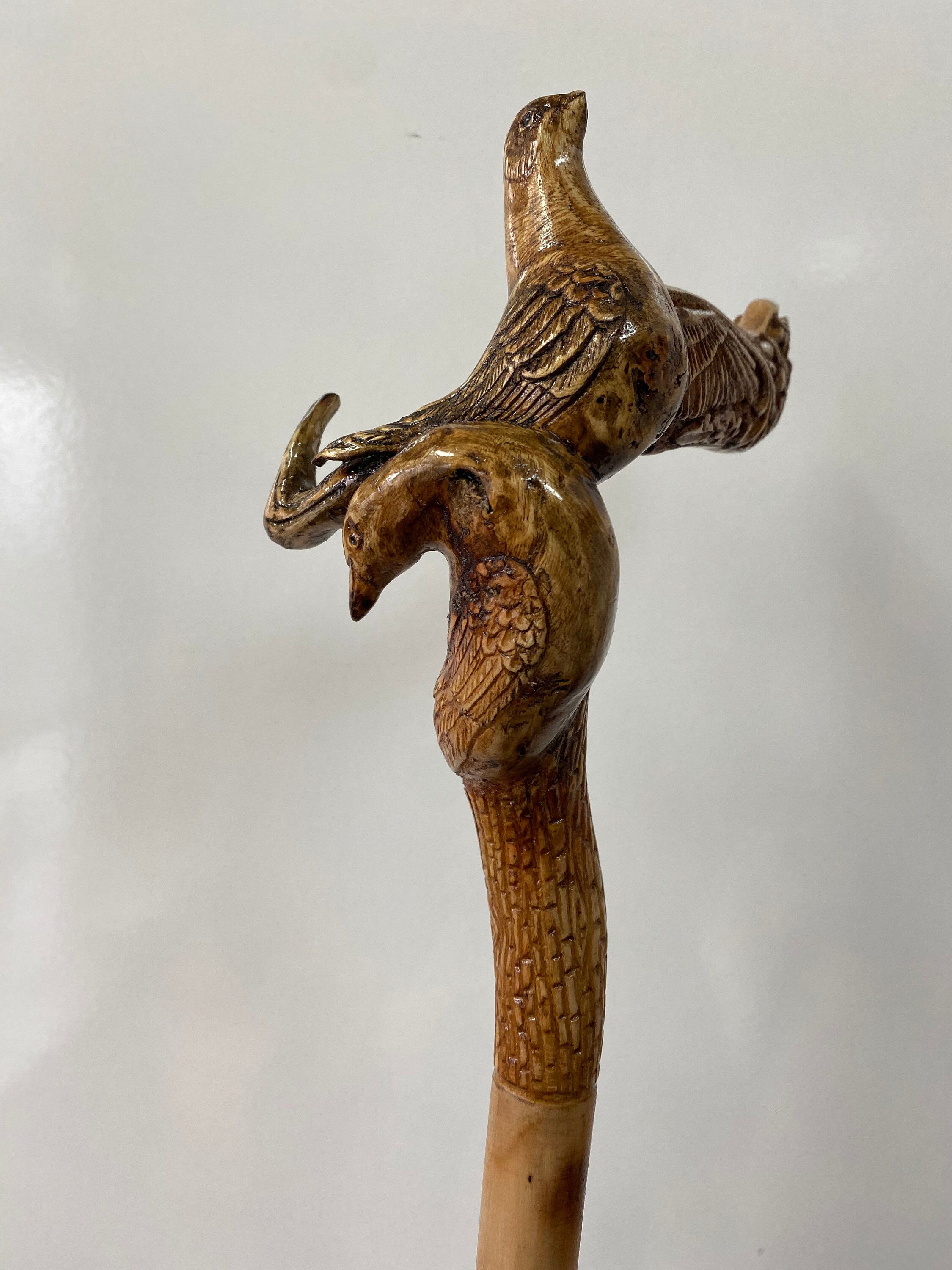 Hand Carved Wooden Walking Stick by Dogwood Tree With Two Birds Grip ...