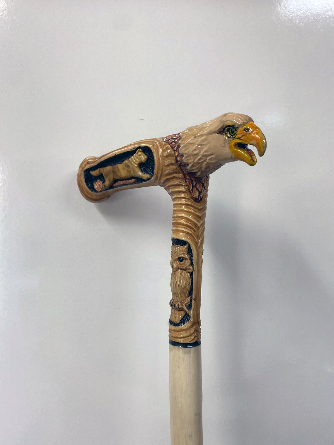Hand Made Cane With Eagle, Cat and Owl Carvings From One Piece by ...