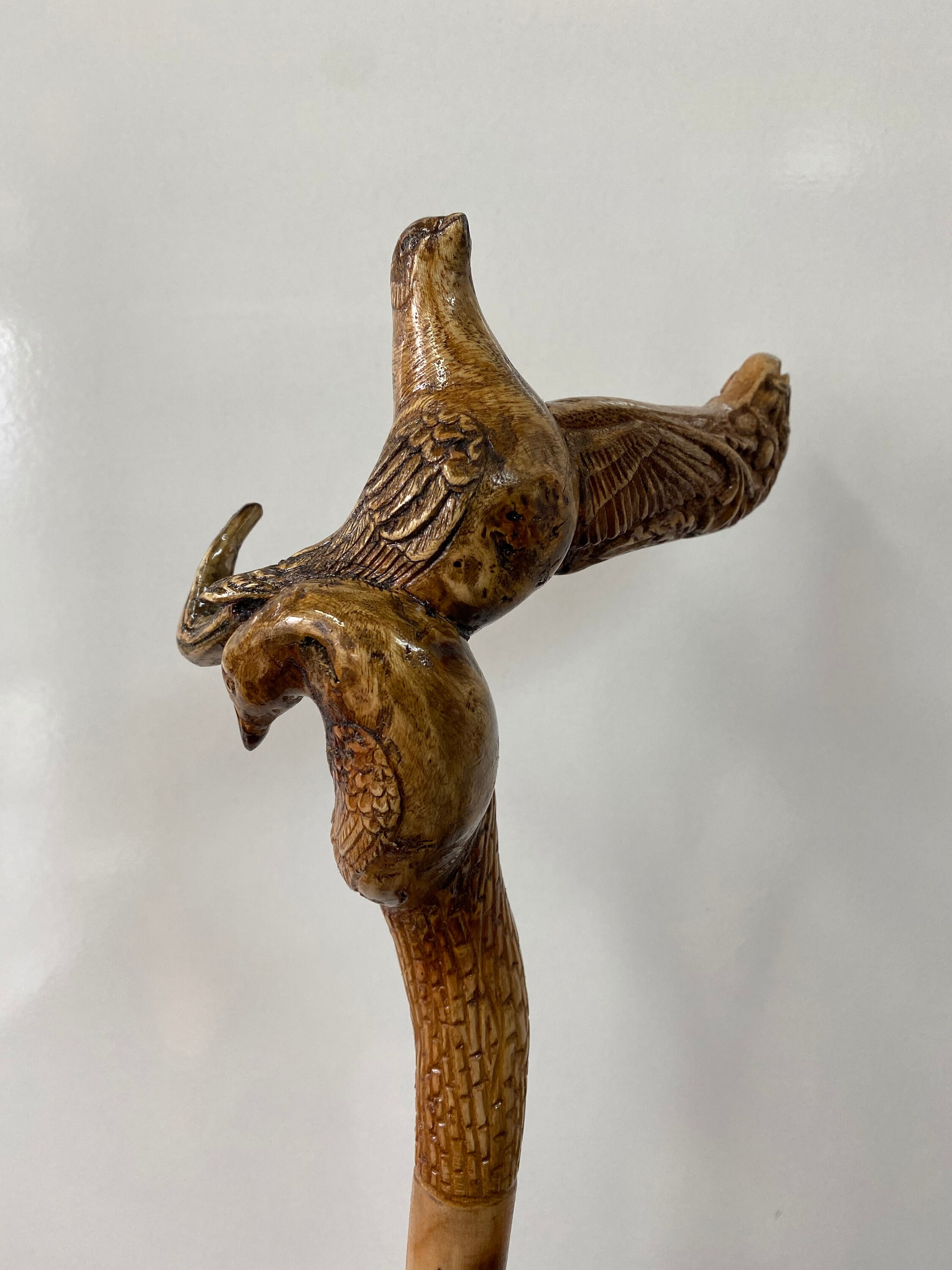 Hand Carved Wooden Walking Stick by Dogwood Tree With Two Birds Grip ...