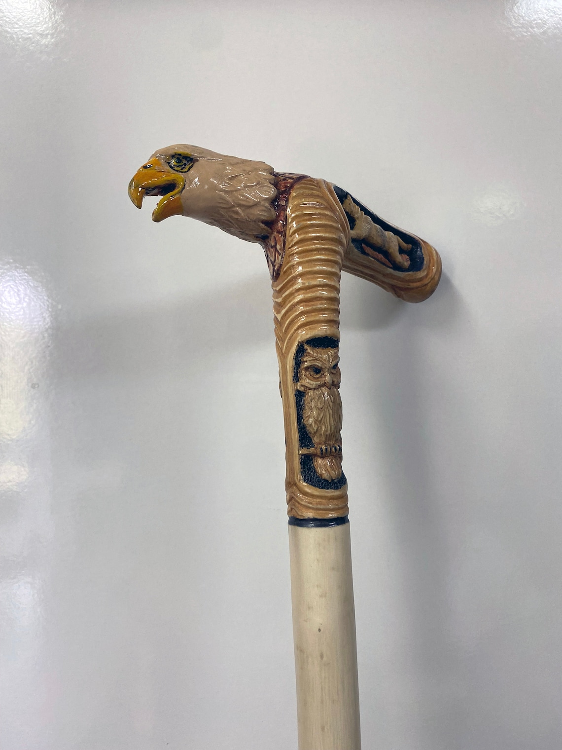 Hand Made Cane With Eagle, Cat and Owl Carvings From One Piece by ...