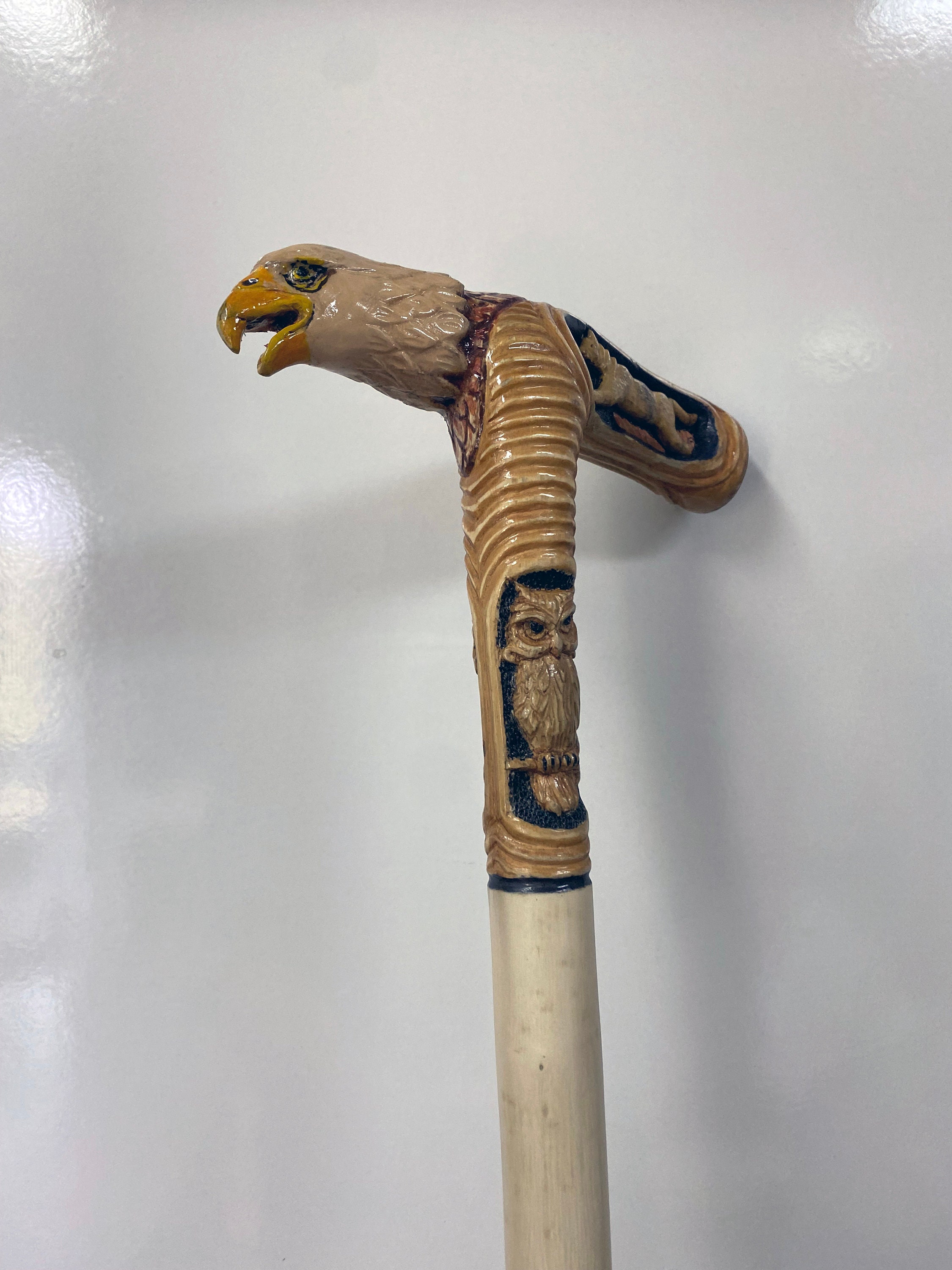 Hand Made Cane With Eagle, Cat and Owl Carvings From One Piece by ...