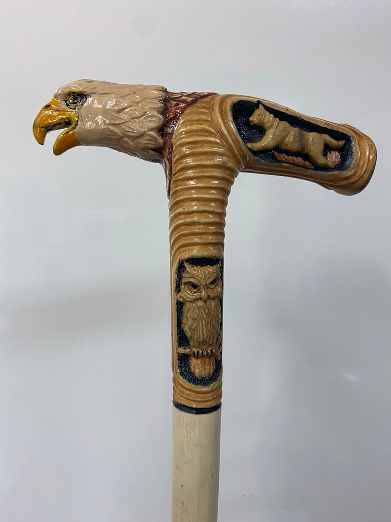 Hand Made Cane With Eagle, Cat and Owl Carvings From One Piece by ...