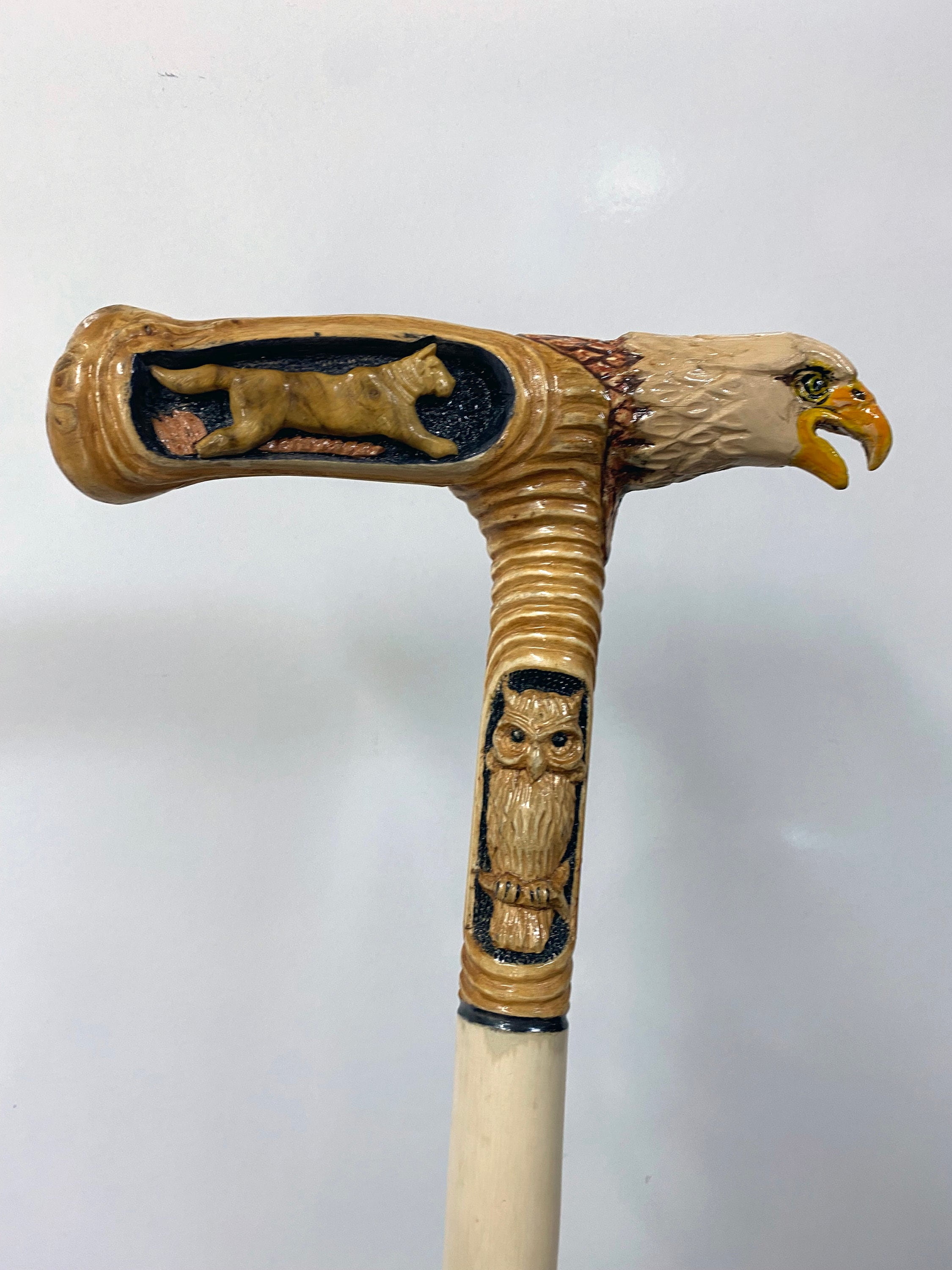 Hand Made Cane With Eagle, Cat and Owl Carvings From One Piece by ...