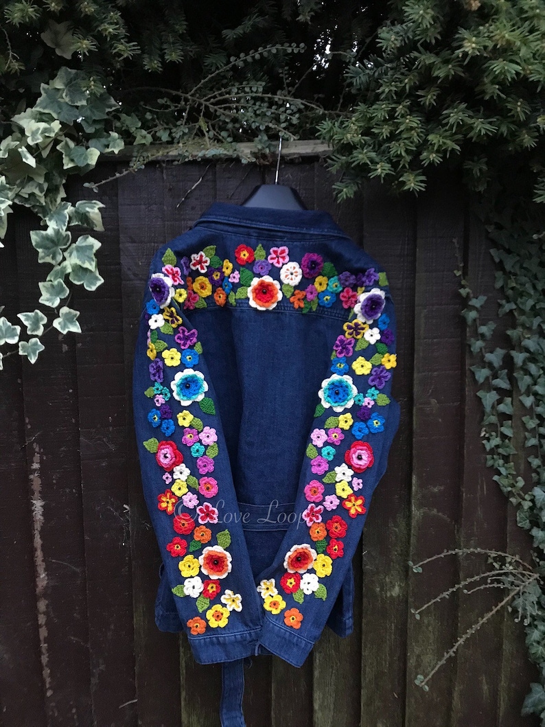 Flower Crochet Appliqué Denim Jacket Black Made to Order in - Etsy