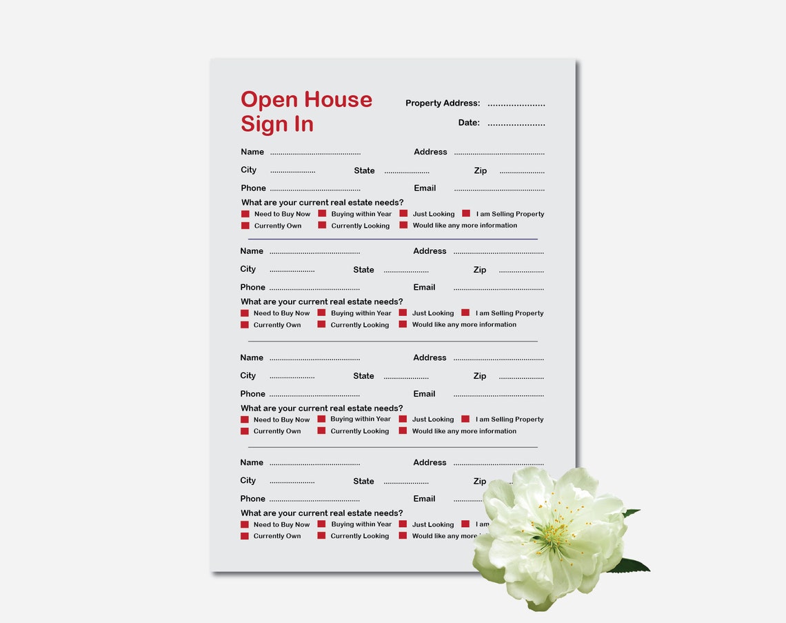 Real Estate Open House Feedback Form, Real Estate Sign in Sheet, Real ...
