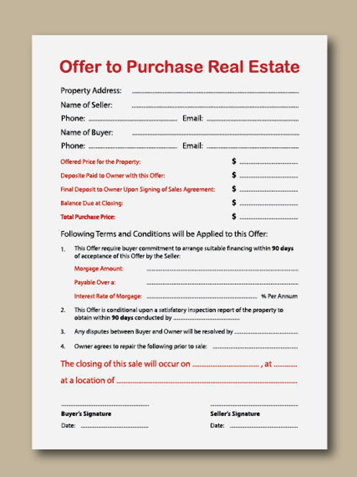 Offer to Purchase Real Estate Form Real Estate Offer to - Etsy