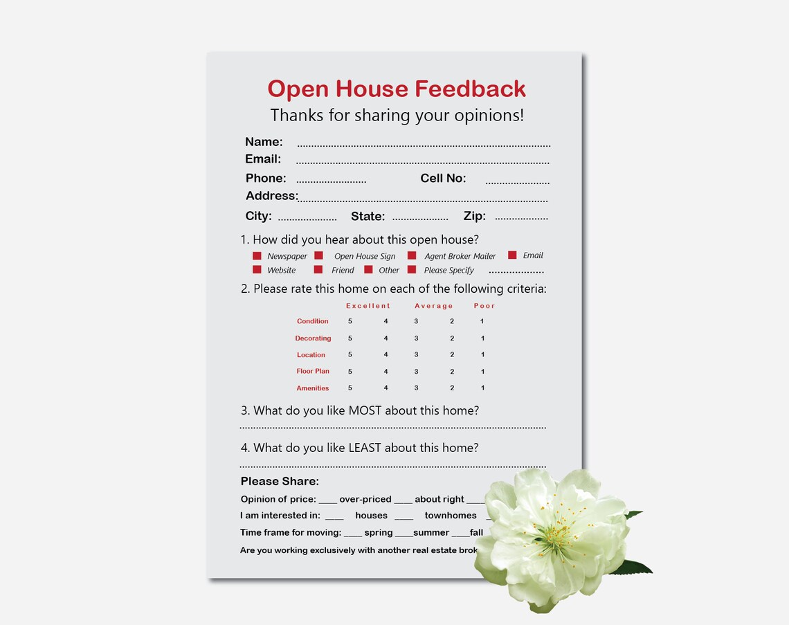 Real Estate Open House Feedback Form, Real Estate Sign in Sheet, Real ...