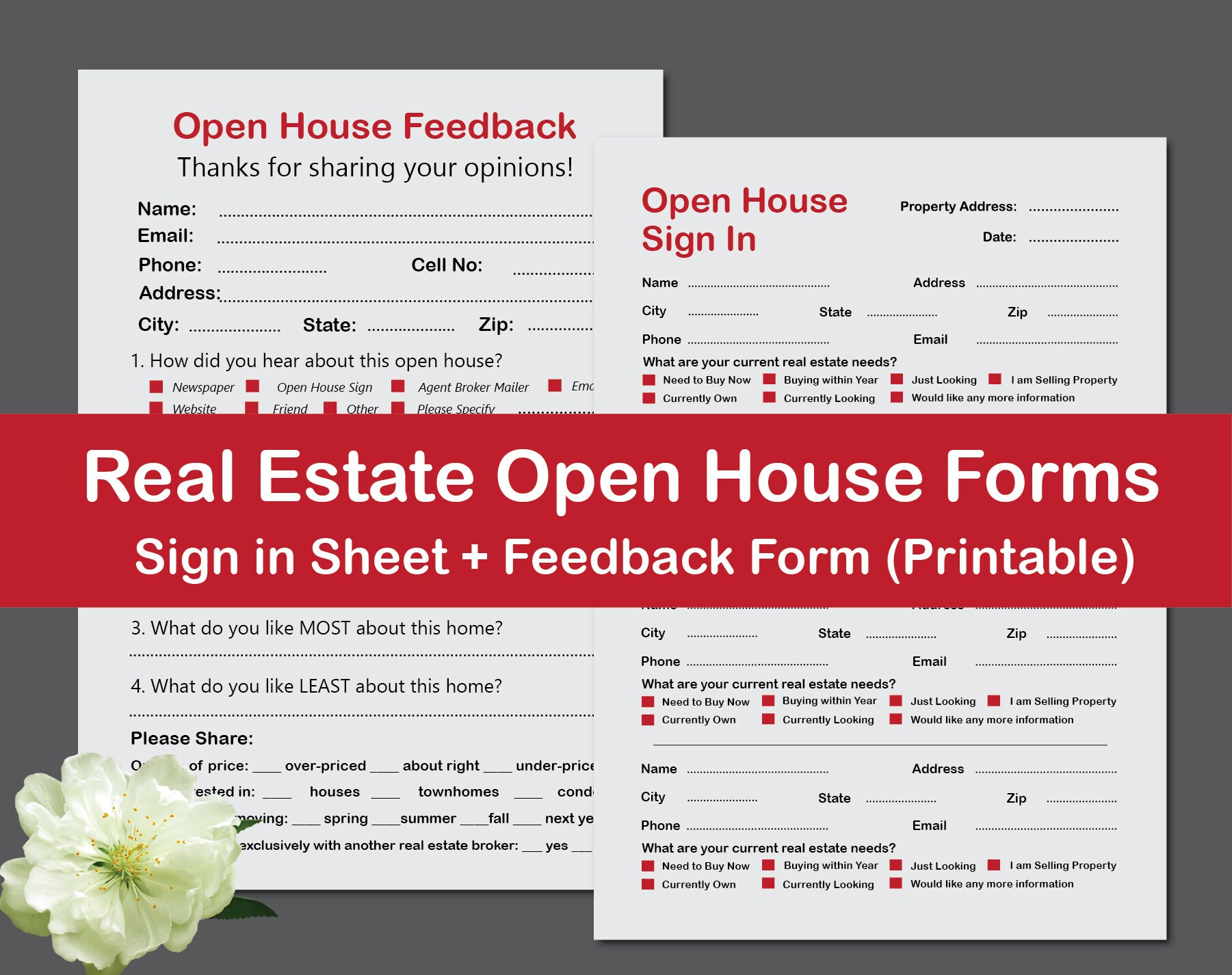 Real Estate Open House Feedback Form, Real Estate Sign in Sheet, Real ...
