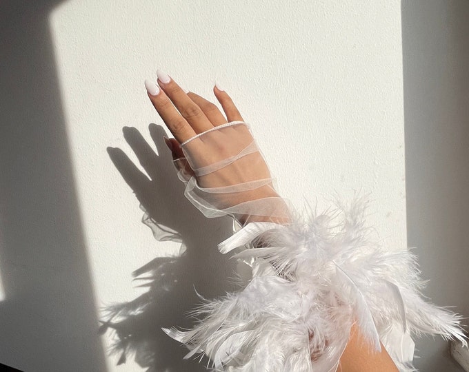 Champagne Opéra Gloves With Ostrich Feather Elbow Cuffs, Wedding Gloves ...