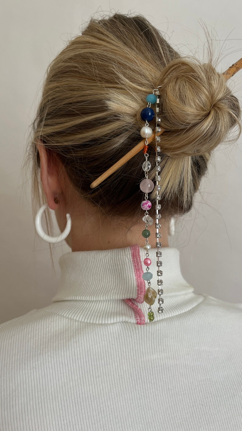 Handmade Beaded Tassel Hair Pin Silver Hair Glass Beads Pearls Hair ...