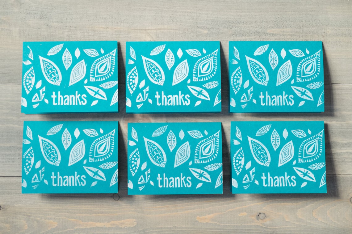Thank You Cards Set, Block Print, Thank You Notes, Teal Notecards ...
