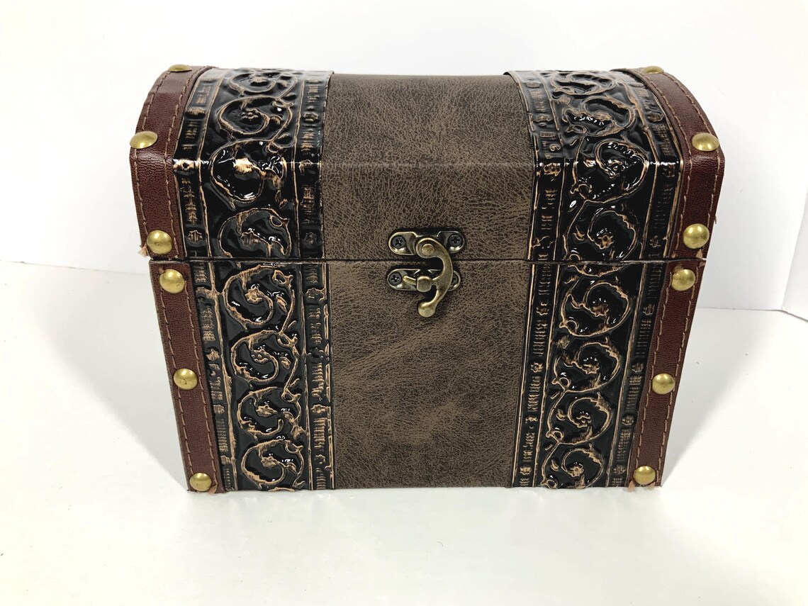 Vintage Wooden Treasure Chest Trinket Box Storage 8x4 Inches Hinged Lid ...