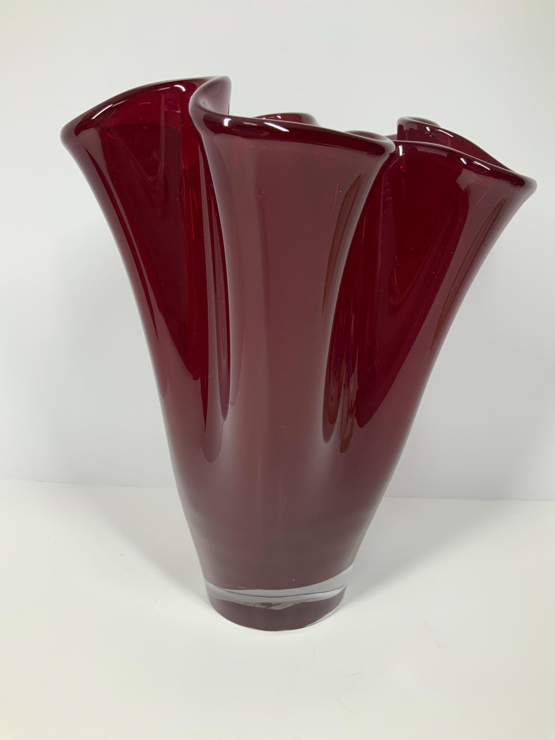 1970’S Hand Blown Ruby Red Glass Handkerchief Vase Large 12.5” Krosno ...