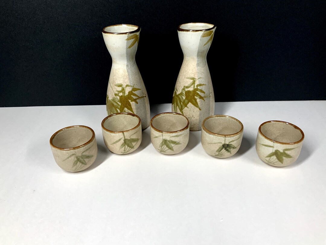 1960s 7 Piece Vintage Japanese Sake Set Hand Painted Bamboo Art ...