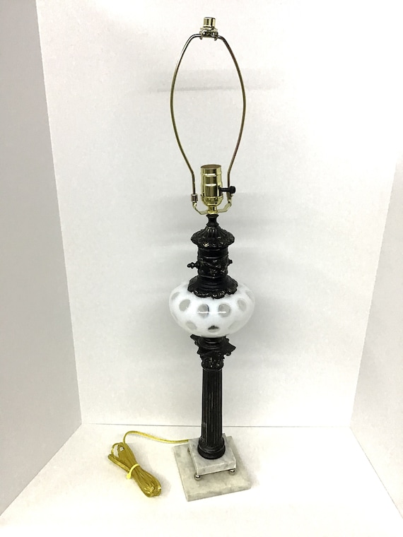 Vintage Fenton Table Lamp White Coin Dot Art Glass Brass & | Etsy