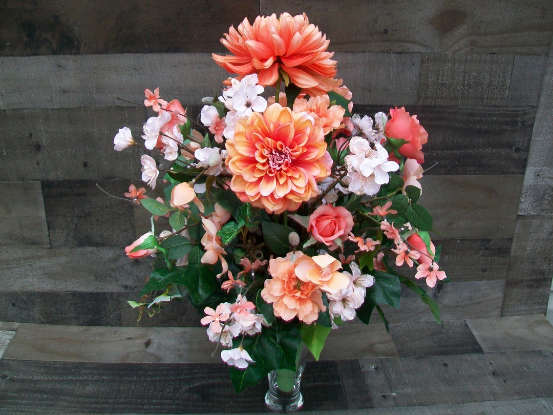Spring Summer Peach Flowers Cemetery Cone Gravesite Floral Arrangement ...
