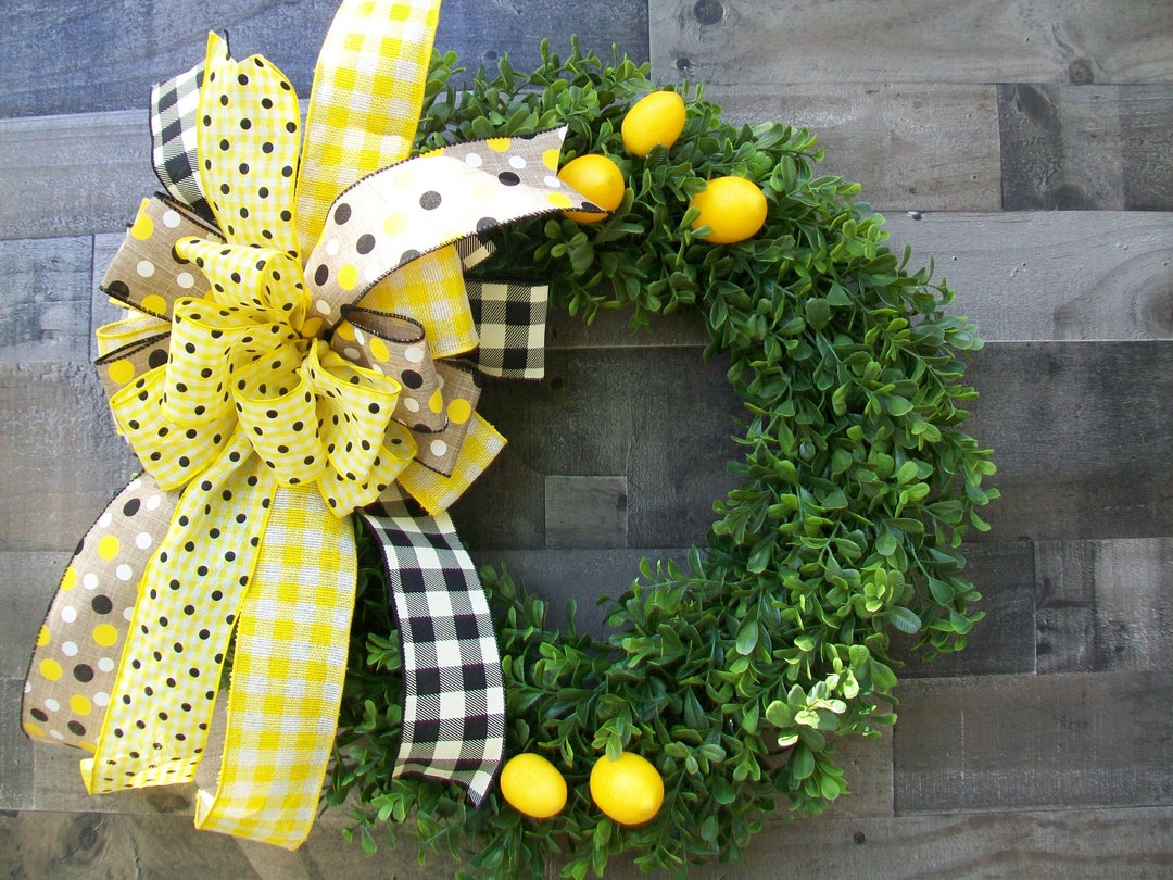 Spring Yellow Black Buffalo Plaid Boxwood Lemons Front Door Wreath With ...
