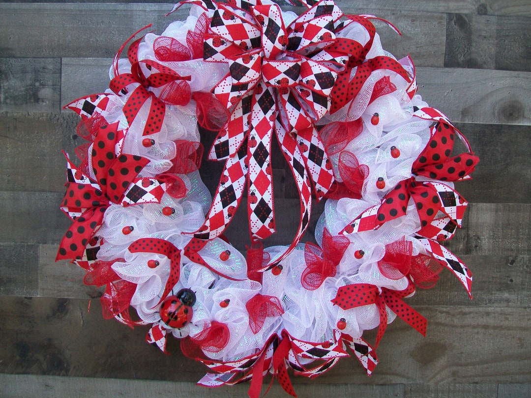 Spring Ladybug Red Black White Mesh Wreath With Large Bow - Etsy