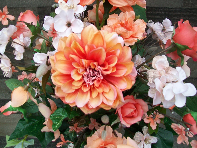 Spring Summer Peach Flowers Cemetery Cone Gravesite Floral Arrangement ...