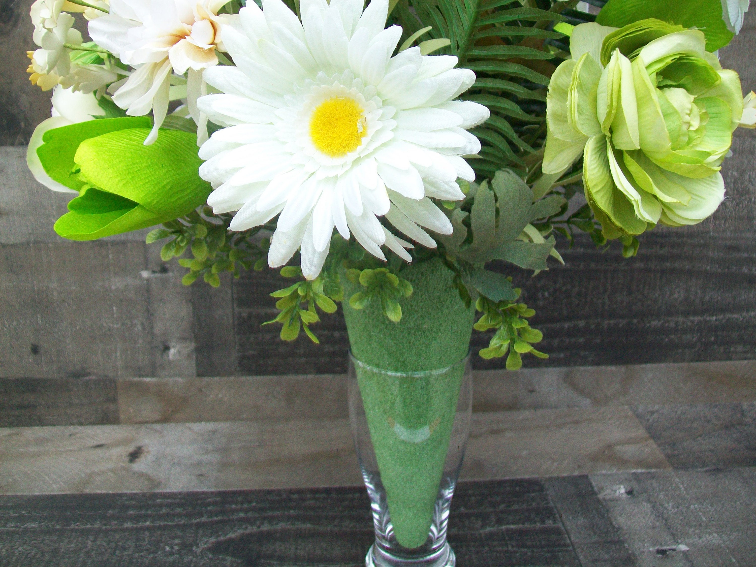 Spring Green White Beige Cemetery Cone Floral Arrangement for Gravesite ...