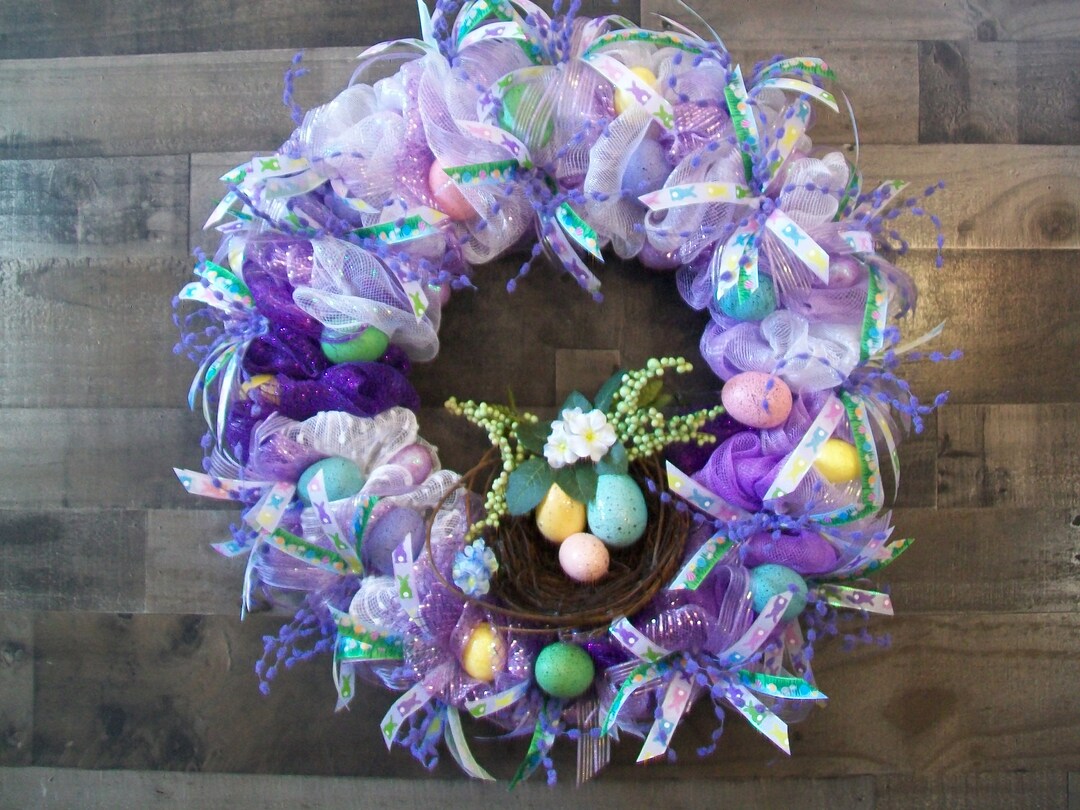 Purple & Lavender Easter Egg Mesh Wreath With Basket - Etsy