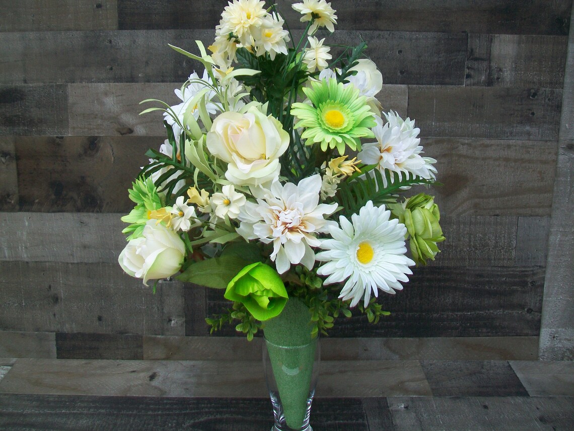 Spring Green White Beige Cemetery Cone Floral Arrangement for Gravesite ...