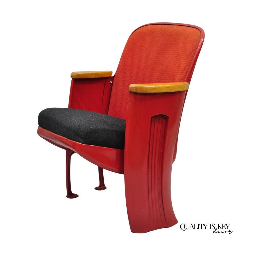 Antique Art Deco Red Painted Authentic Upholstered Movie Theater Chair ...