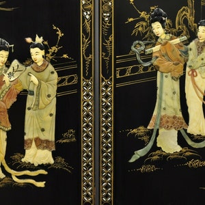 Chinese Black Carved Soapstone Geisha Girl 4 Panel Folding Screen Room ...