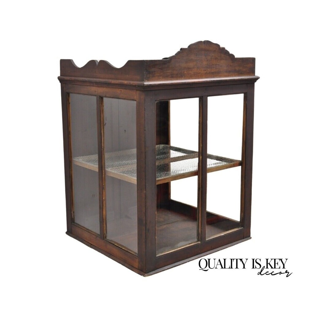 Antique Wood & Glass Counter Top Display County Store Pie Safe Display ...