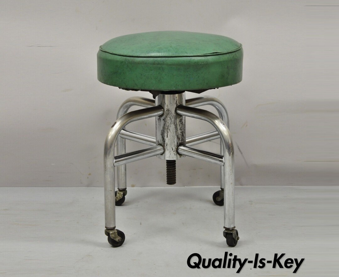 Antique American Industrial Metal Green Vinyl Rolling Work Stool Seat ...