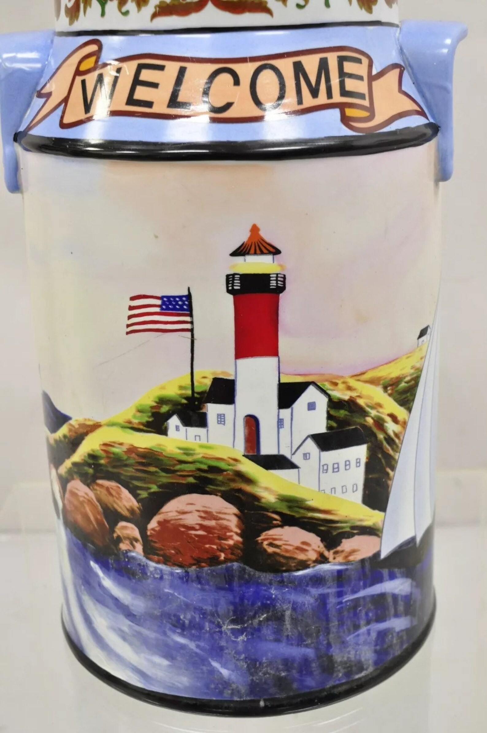 Vintage Nautical Painted Lighthouse and Flag Ceramic Umbrella Cane ...