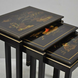 3 Vintage Oriental Handpainted Black Lacquer Nesting Side Tables by ...