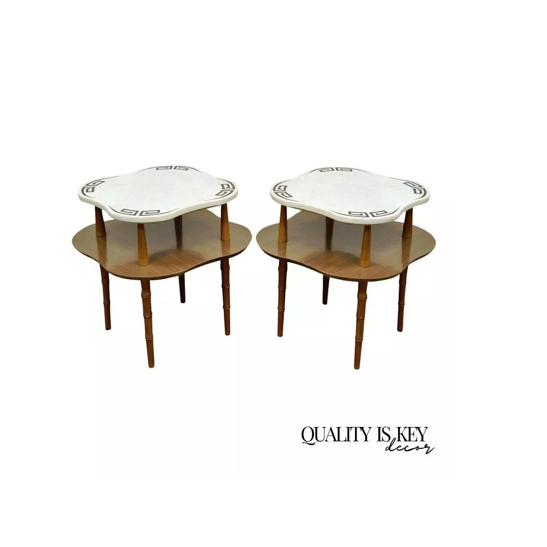 Vintage Hollywood Regency Greek Key Marble Faux Bamboo Wood End Tables ...