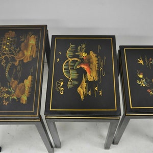 3 Vintage Oriental Handpainted Black Lacquer Nesting Side Tables by ...