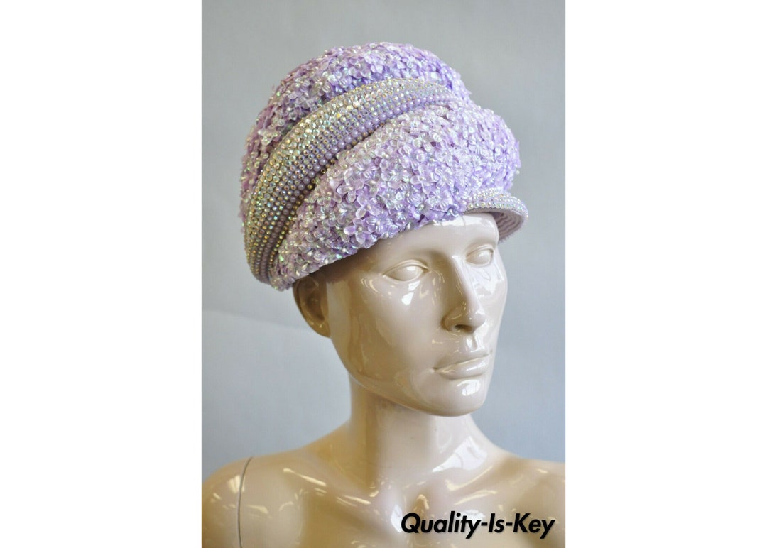 Vintage Bina Fashion Hats Purple Lavender Floral Jeweled Beaded Church ...