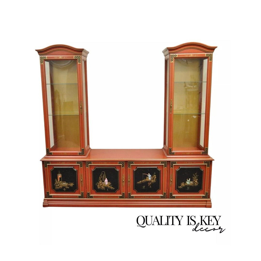 Vintage Jasper Oriental Chinoiserie Red Display China Cabinet Curio ...
