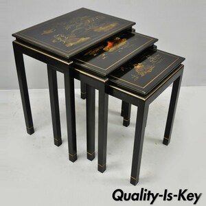 3 Vintage Oriental Handpainted Black Lacquer Nesting Side Tables by ...