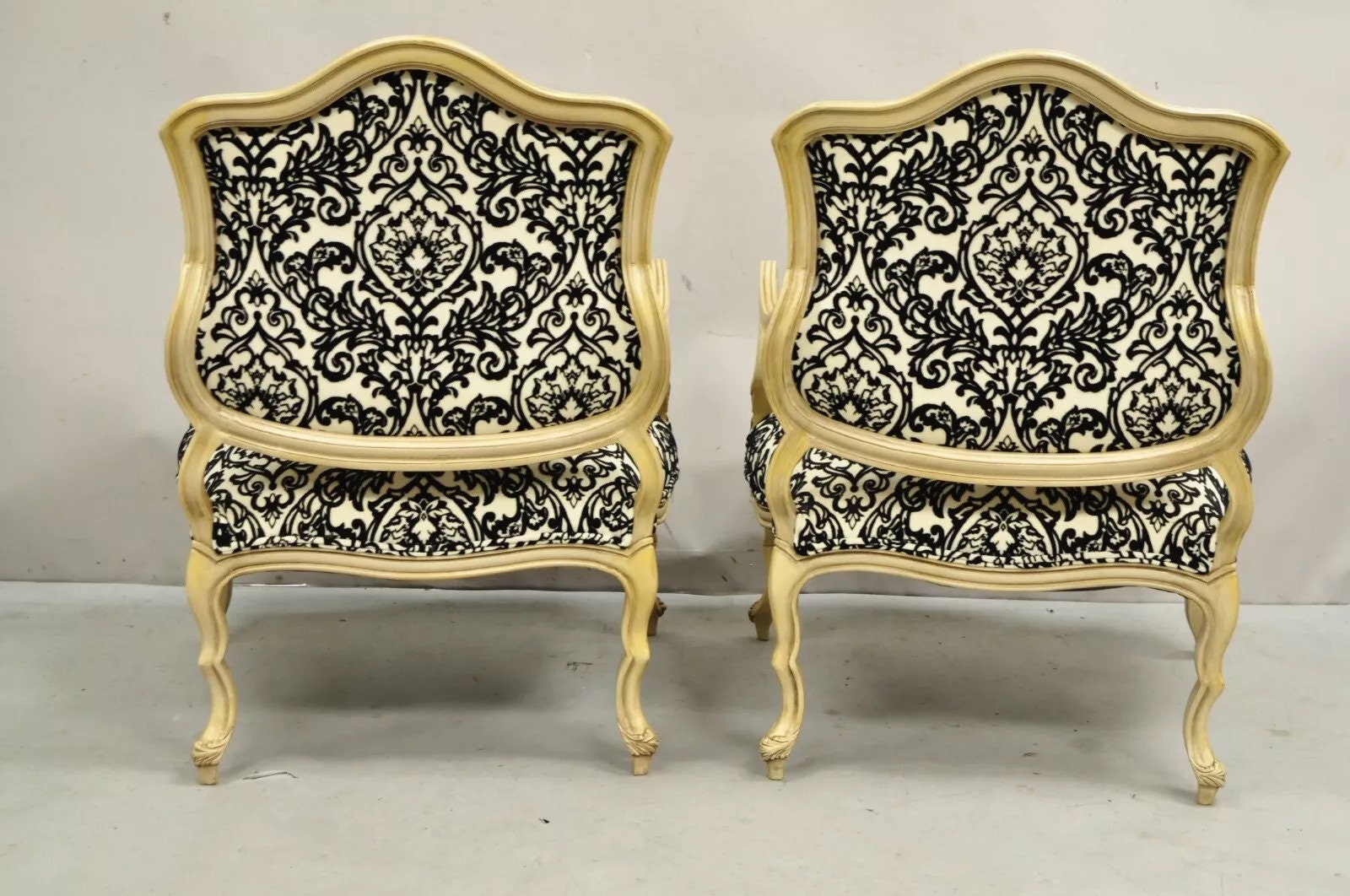 Hollywood Regency Carved Wood Low Cream Painted Damask Boudoir Chairs ...