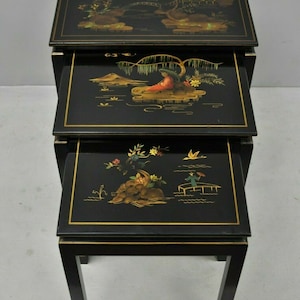 3 Vintage Oriental Handpainted Black Lacquer Nesting Side Tables by ...