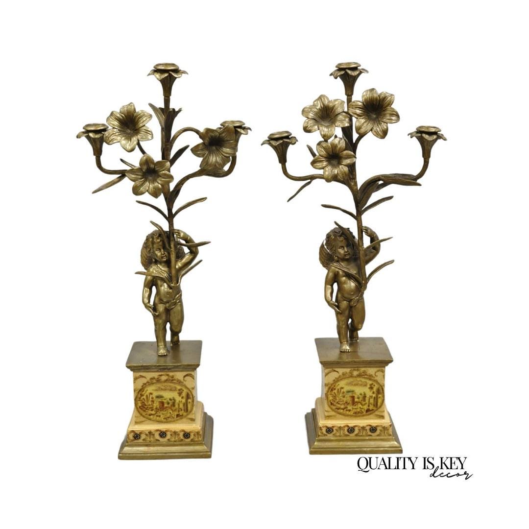 Decorator French Rococo Bronze and Porcelain Cherub Flower Candelabras ...