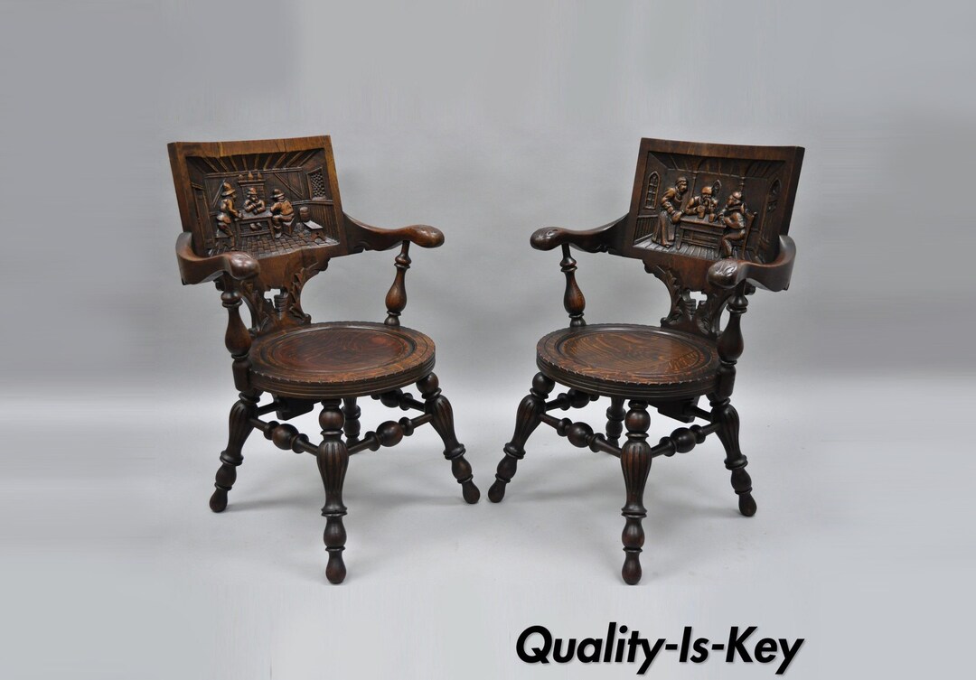 Antique German Carved Tiger Oak Drunken Monks Tavern Pub Arm Chairs a ...