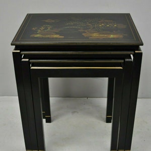 3 Vintage Oriental Handpainted Black Lacquer Nesting Side Tables by ...