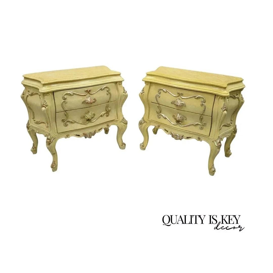 Italian Rococo Cream Lacquer 2 Drawer Nightstands Bombe Bedside Commode ...