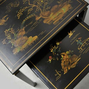 3 Vintage Oriental Handpainted Black Lacquer Nesting Side Tables by ...