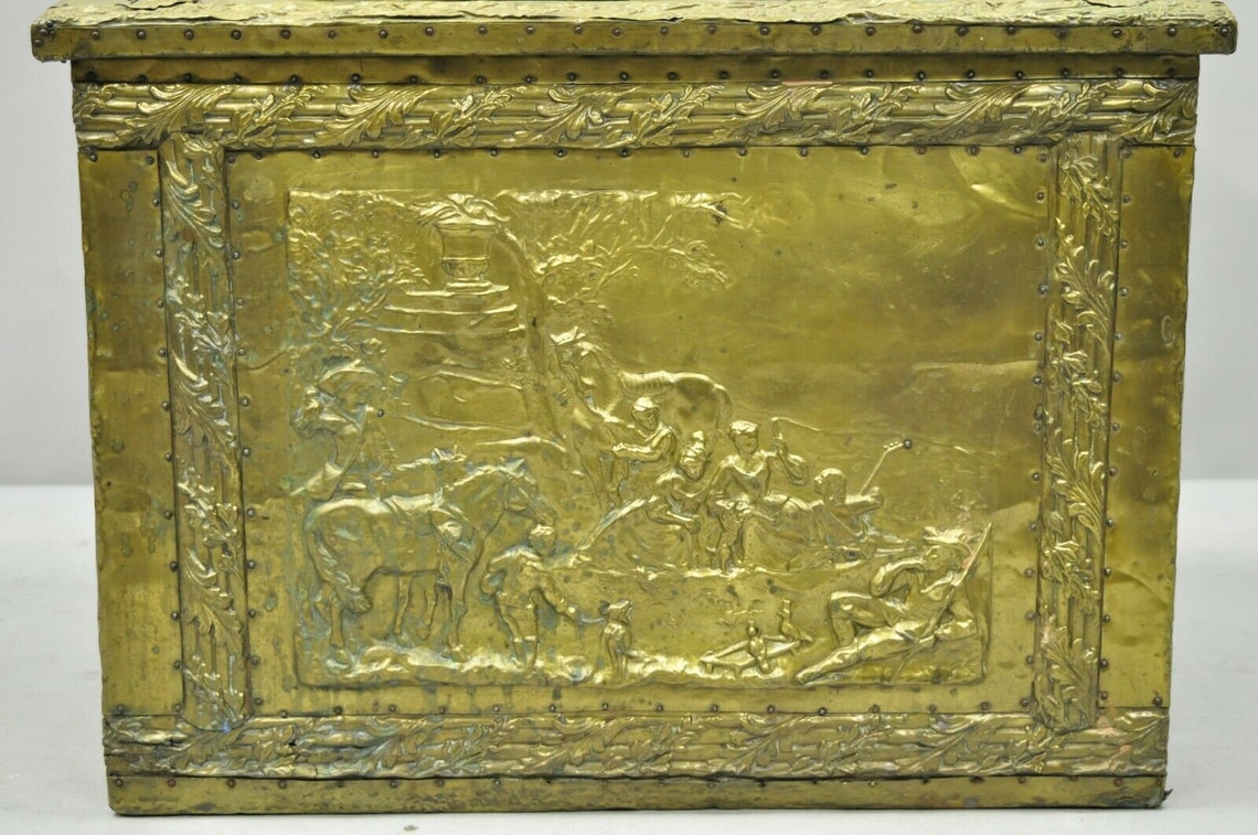 Large Antique Embossed Brass Log Box Victorian Country Scenes | Etsy