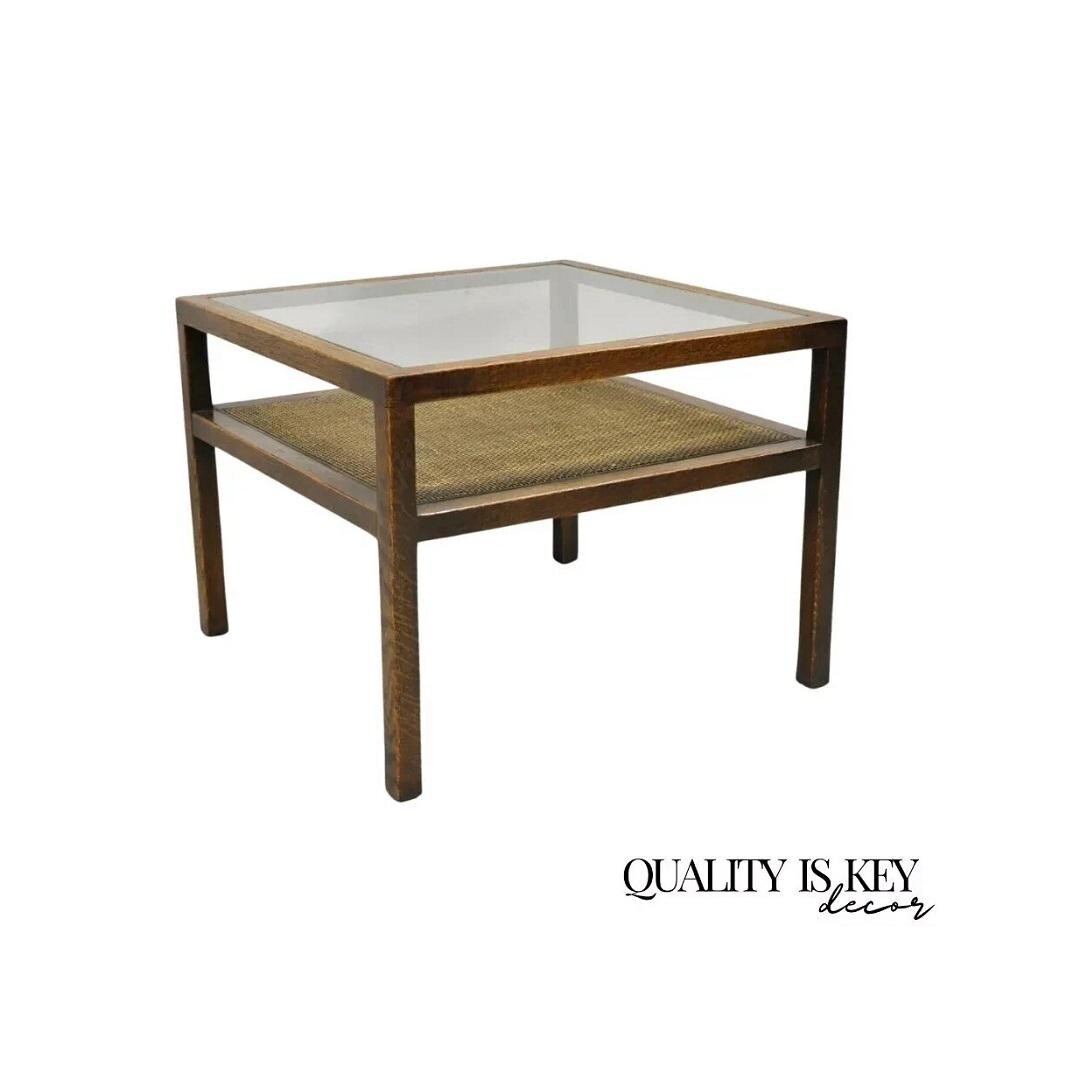 Mid Century Modern Dunbar Style Oak & Cane 2 Tier Glass Top Square Side Table - Etsy