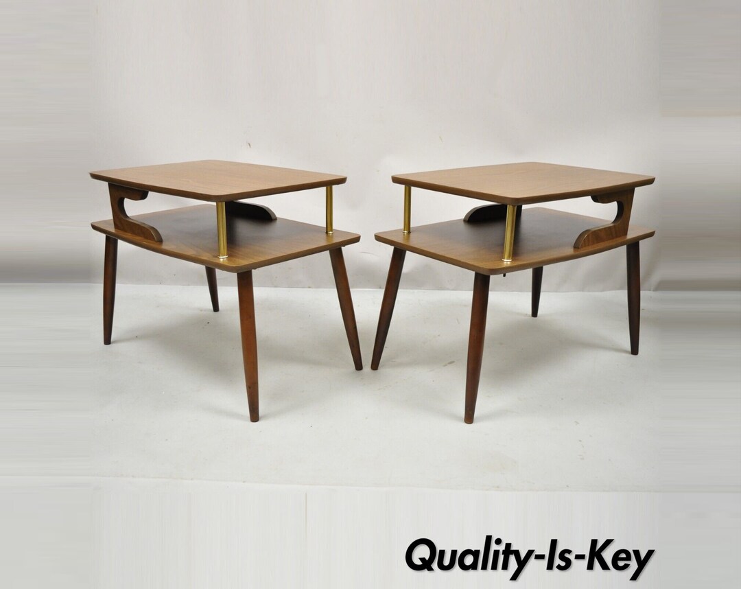 Mid Century Modern Walnut and Laminate Top 2 Tier Step up End Tables ...