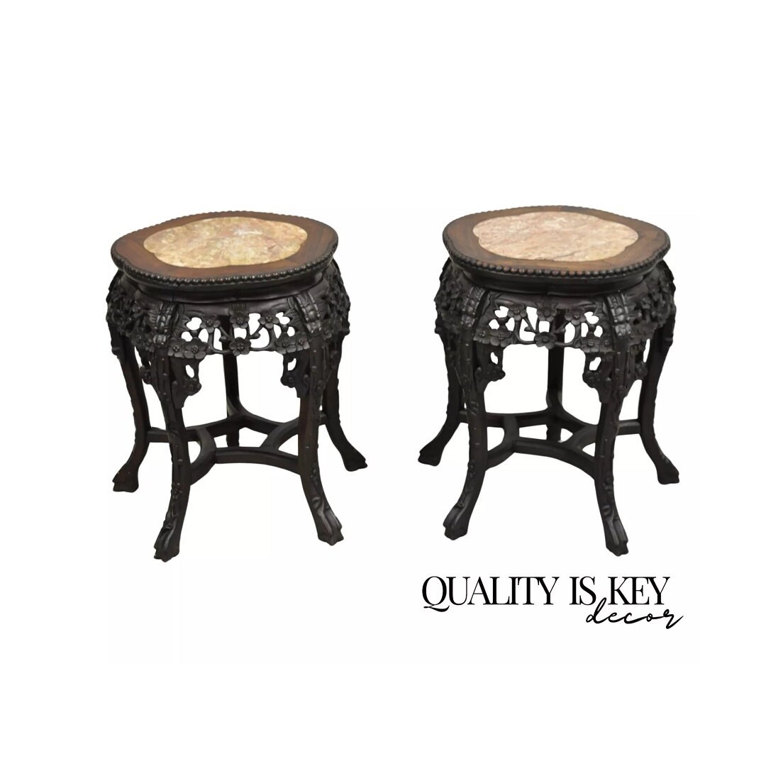 Chinese Carved Hardwood Marble Top Oriental Plant Stand Side Table a ...