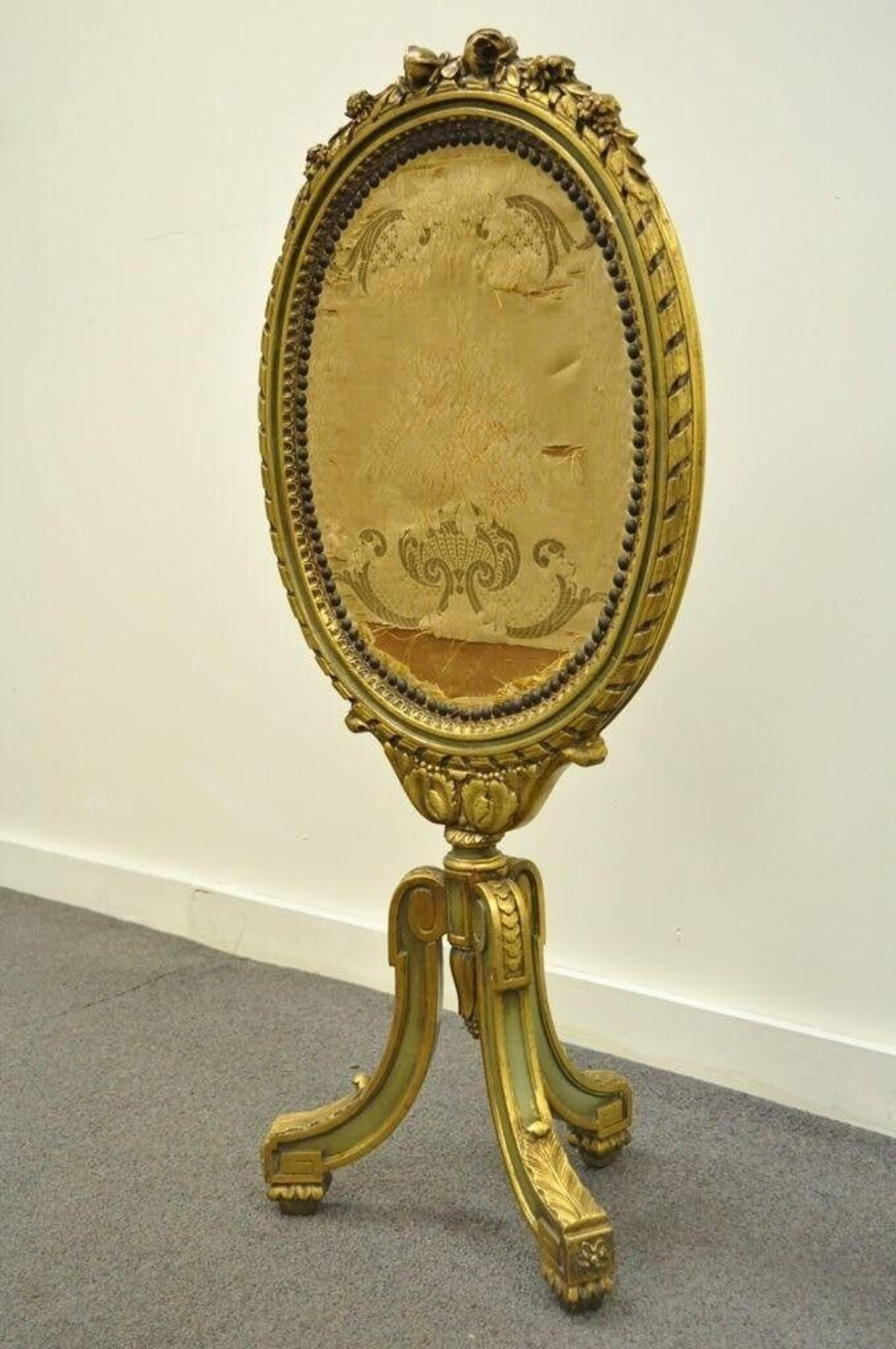 Antique French Louis XVI XV Style Carved Giltwood Green Oval Fireplace ...