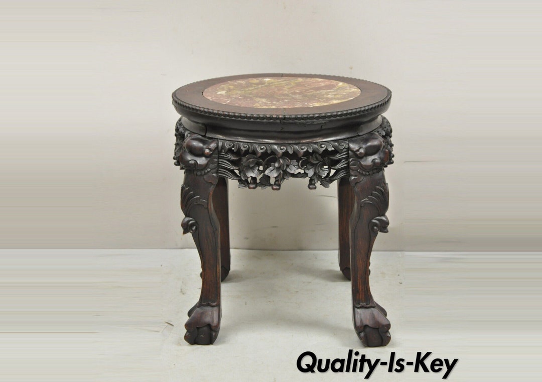 Antique Chinese Carved Hardwood Foo Dog Marble Top 18" Plant Stand Side ...